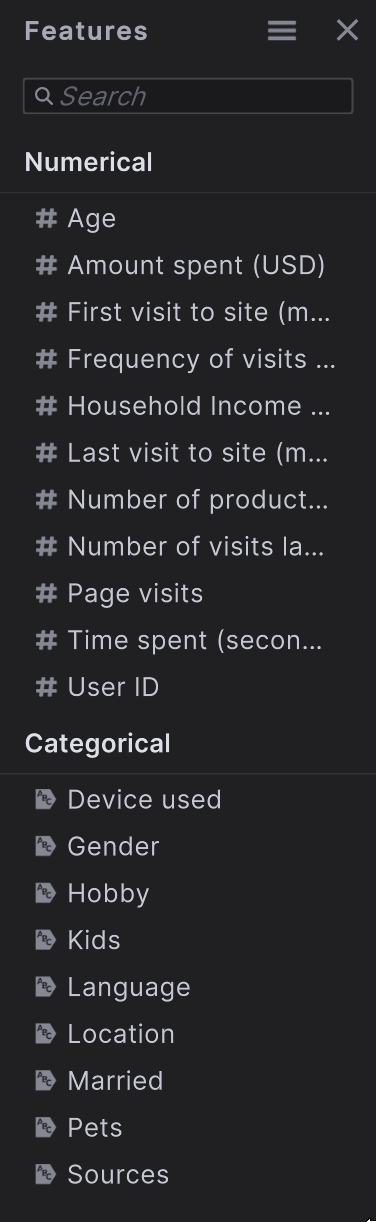 Working with Features in the Features Panel (Desktop) – Virtualitics